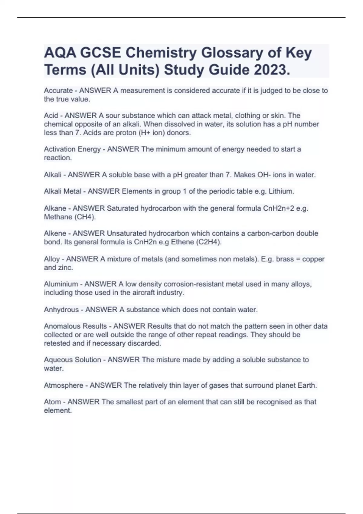 AQA GCSE Chemistry Glossary of Key Terms (All Units) Study Guide 2023 ...
