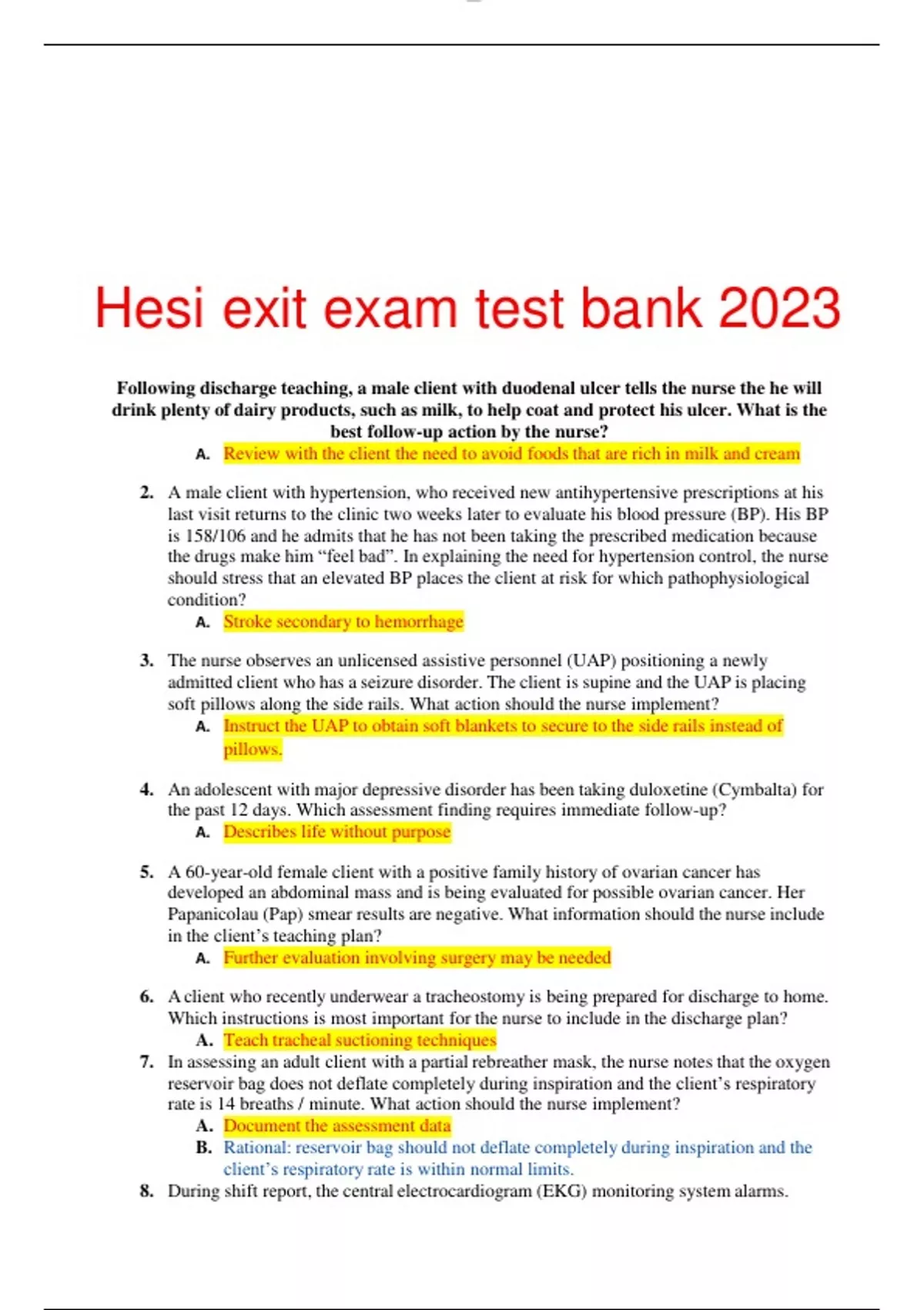 HESI Exit Exam Test Bank - HESI Exit - Stuvia US