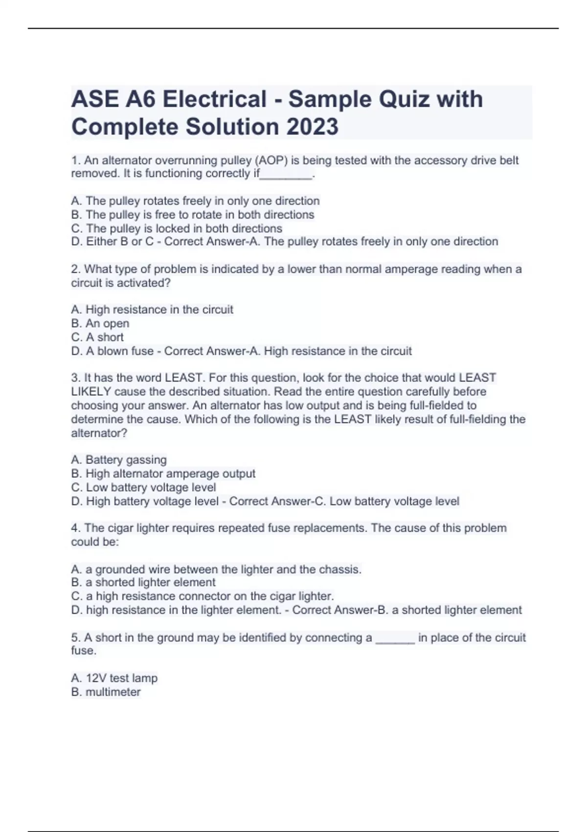 ASE A6 Electrical - Sample Quiz with Complete Solution 2023 - ASE ...