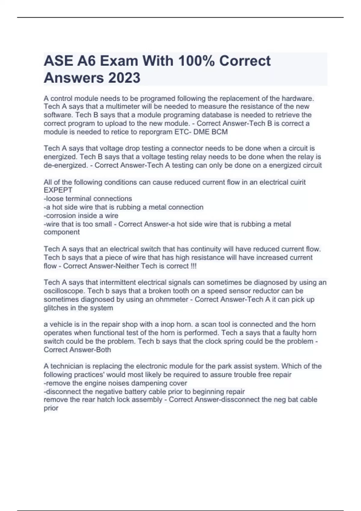 ASE A6 Exam With 100% Correct Answers 2023 - ASE - Stuvia US
