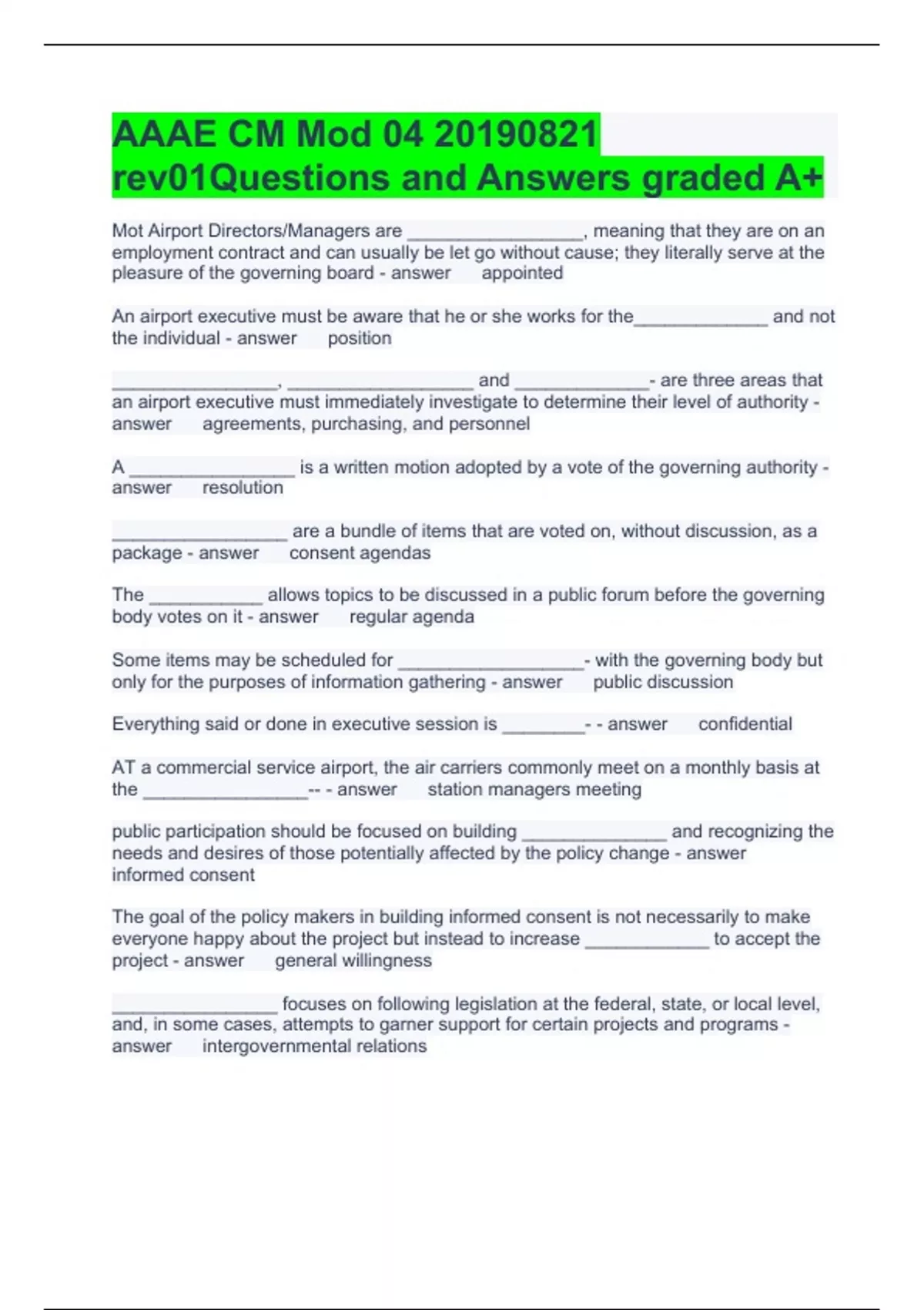 AAAE CM Mod 04 20190821 rev01Questions and Answers graded A+ - AAAE CM ...