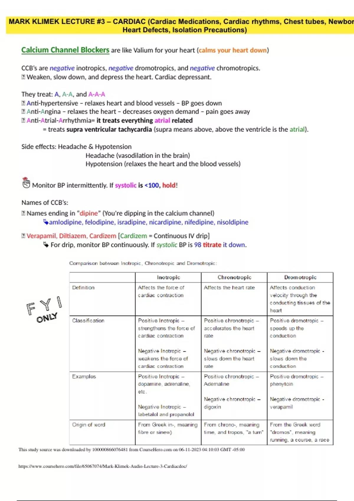 MARK KLIMEK LECTURE #3 – CARDIAC (Cardiac Medications, Cardiac rhythms ...