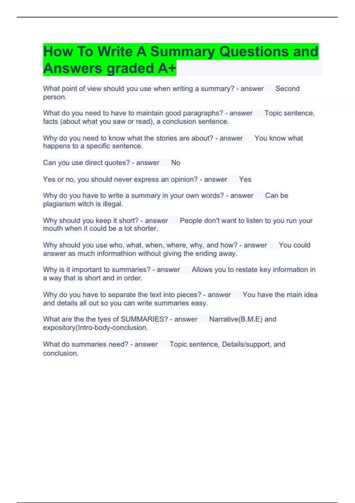 How To Write A Summary Questions And Answers Graded A Samenvatting How To Write A Summary Questions And Answers Graded A Samenvatting