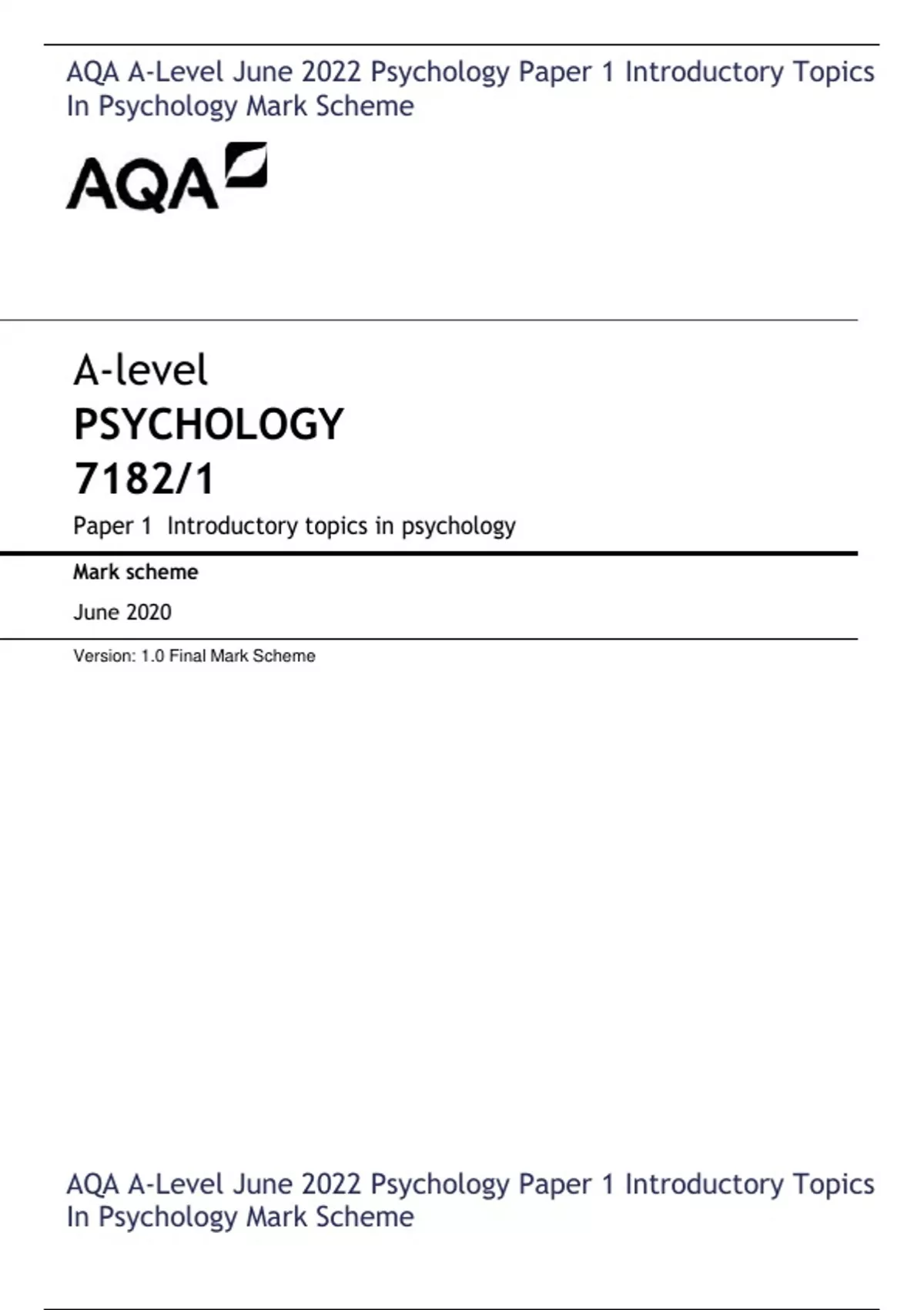 AQA A-Level June 2022 Psychology Paper 1 Introductory Topics In ...