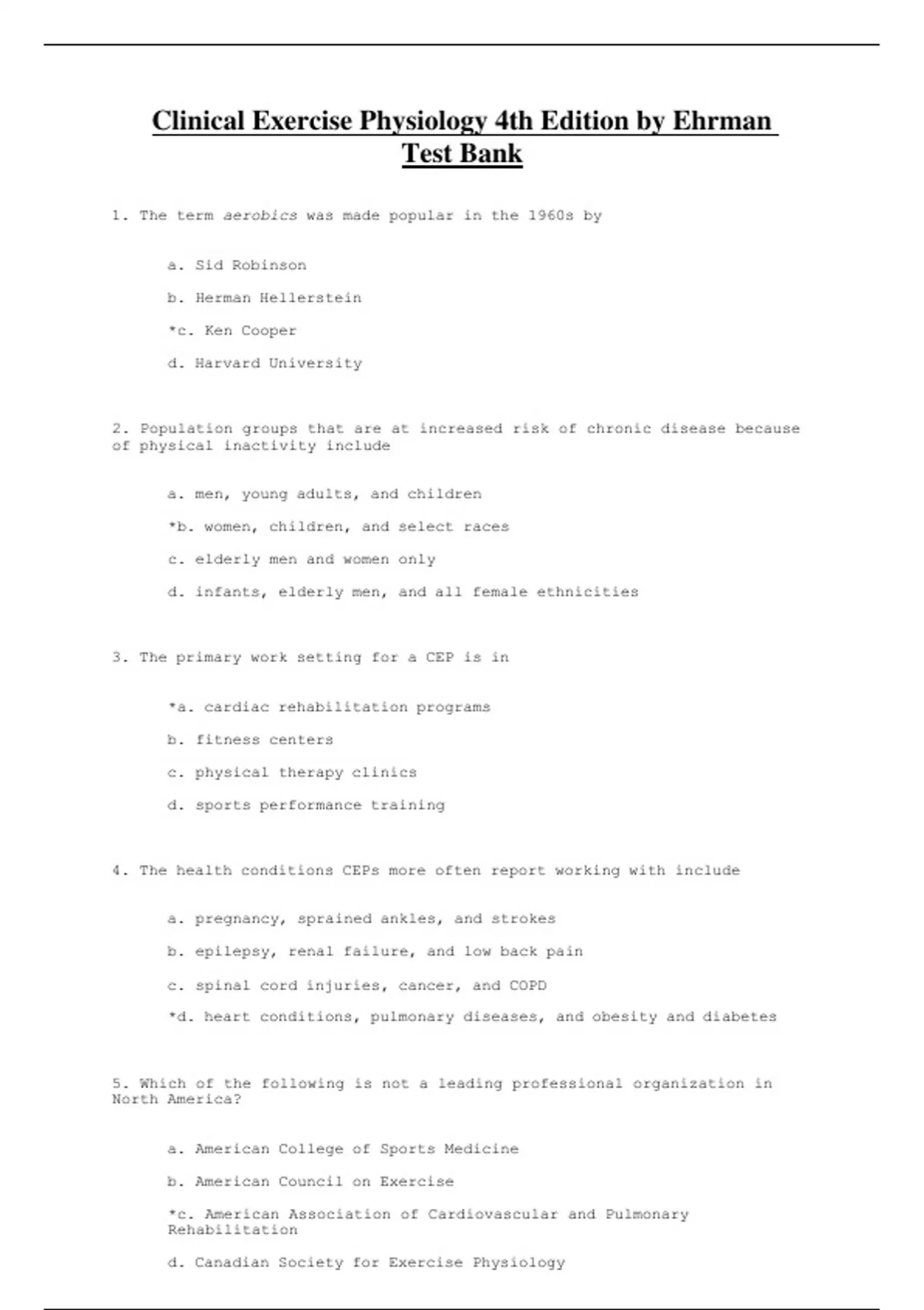 Complete Test Bank Clinical Exercise Physiology 4th Edition by Ehrman ...