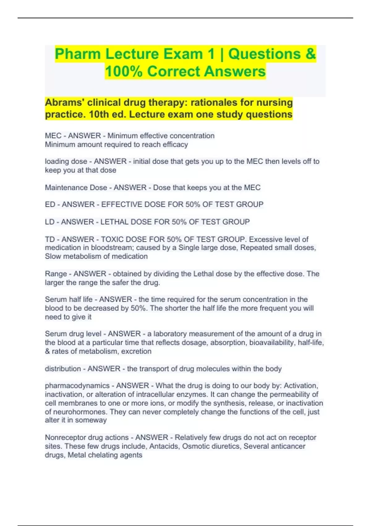 Pharm Lecture Exam 1 | Questions & 100% Correct Answers | Abrams' clinical drug therapy ...