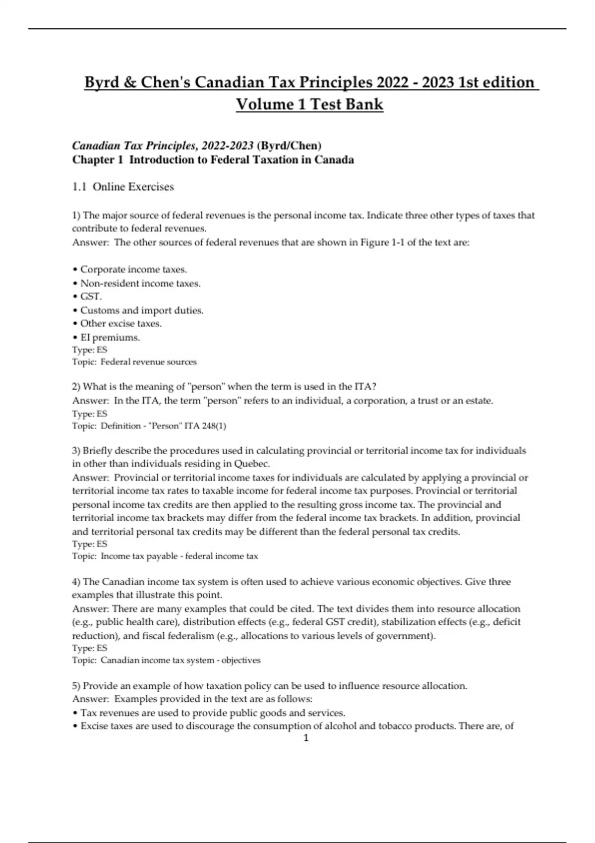 Complete Test Bank Byrd & Chen's Canadian Tax Principles st edition ...