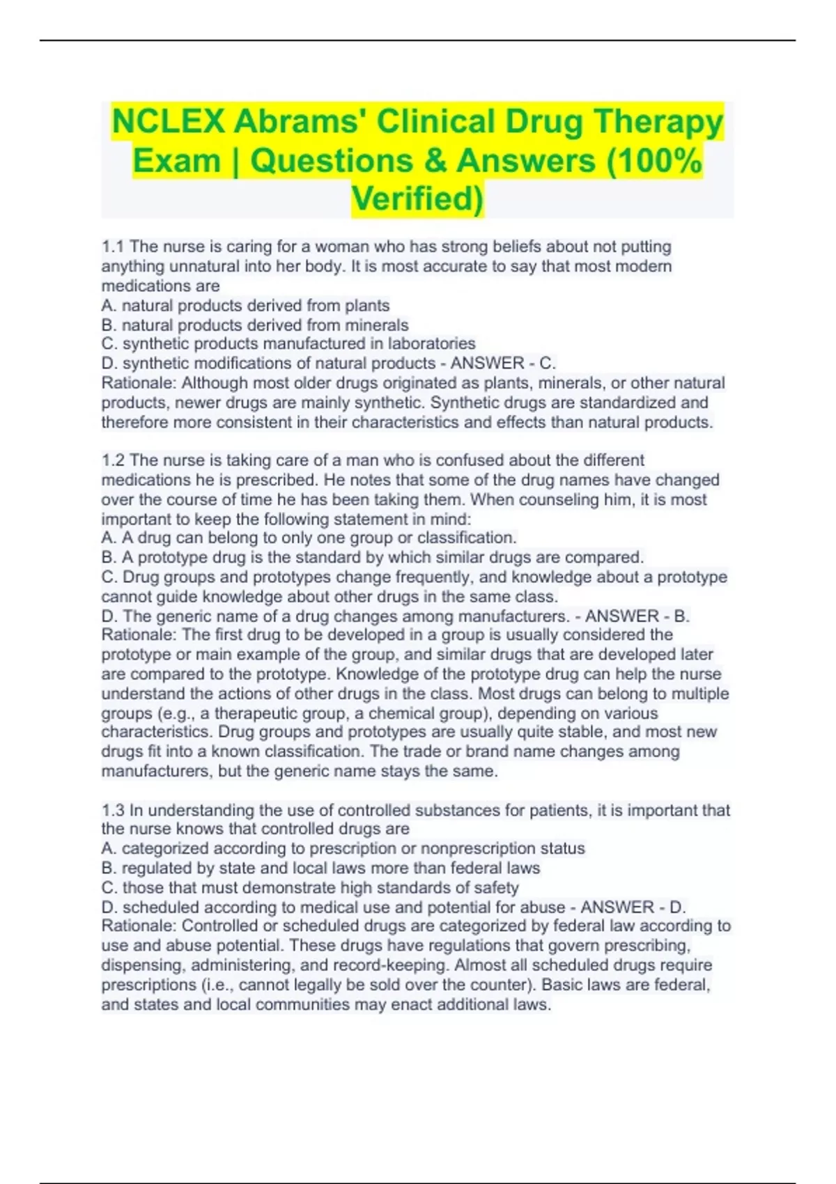 NCLEX Abrams' Clinical Drug Therapy Exam | Questions & Answers (100% ...