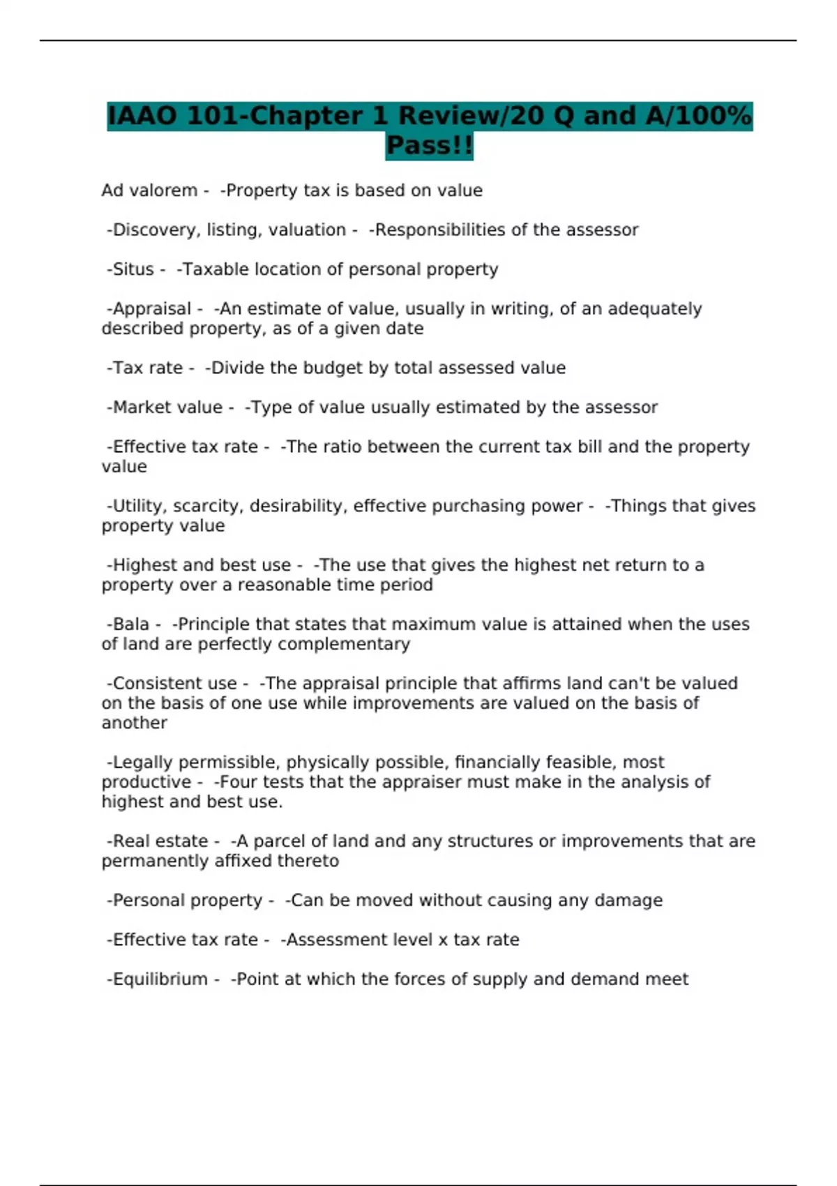 IAAO 101-Chapter 1 Review/20 Q and A/100% Pass!! - IAAO 101-Chapter 1 - Stuvia US