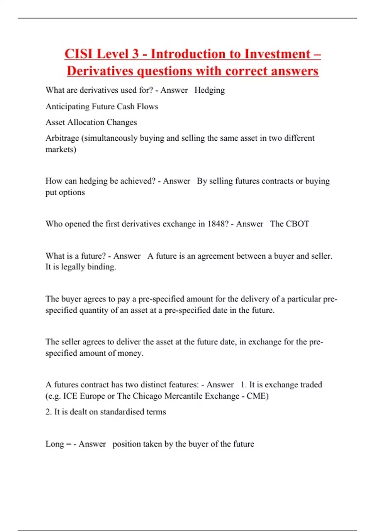 CISI Level 3 - Introduction to Investment – Derivatives questions with ...