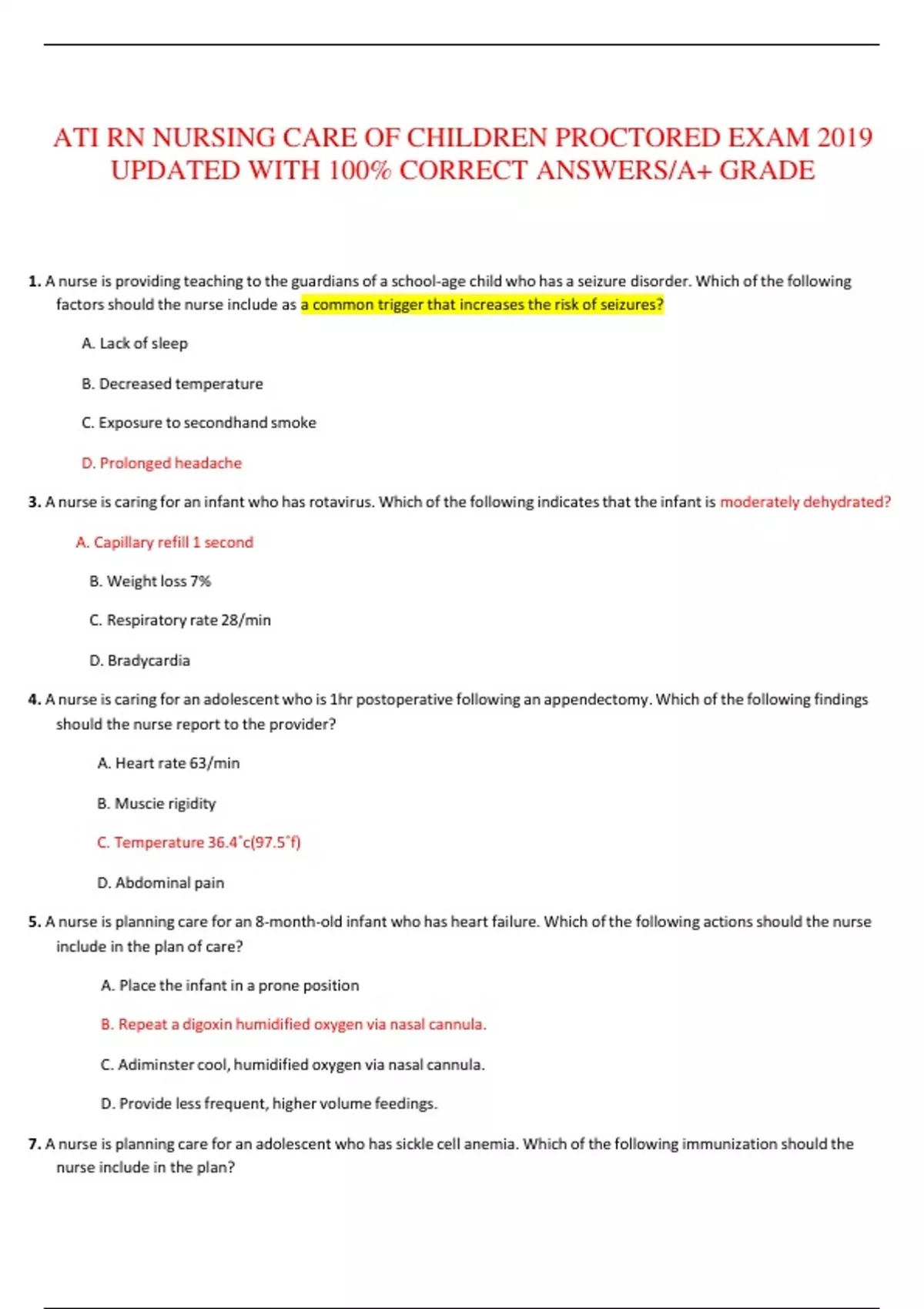 ATI RN NURSING CARE OF CHILDREN PROCTORED EXAM 2019 UPDATED WITH 100% ...
