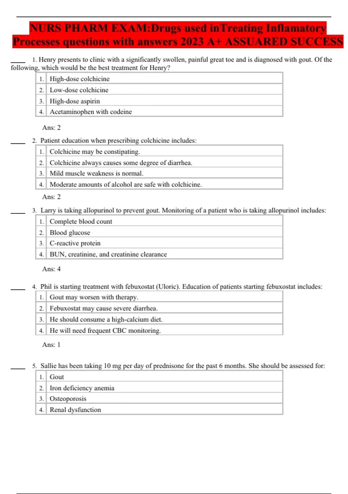 NURS PHARM EXAM:Drugs used inTreating Inflamatory Processes questions ...