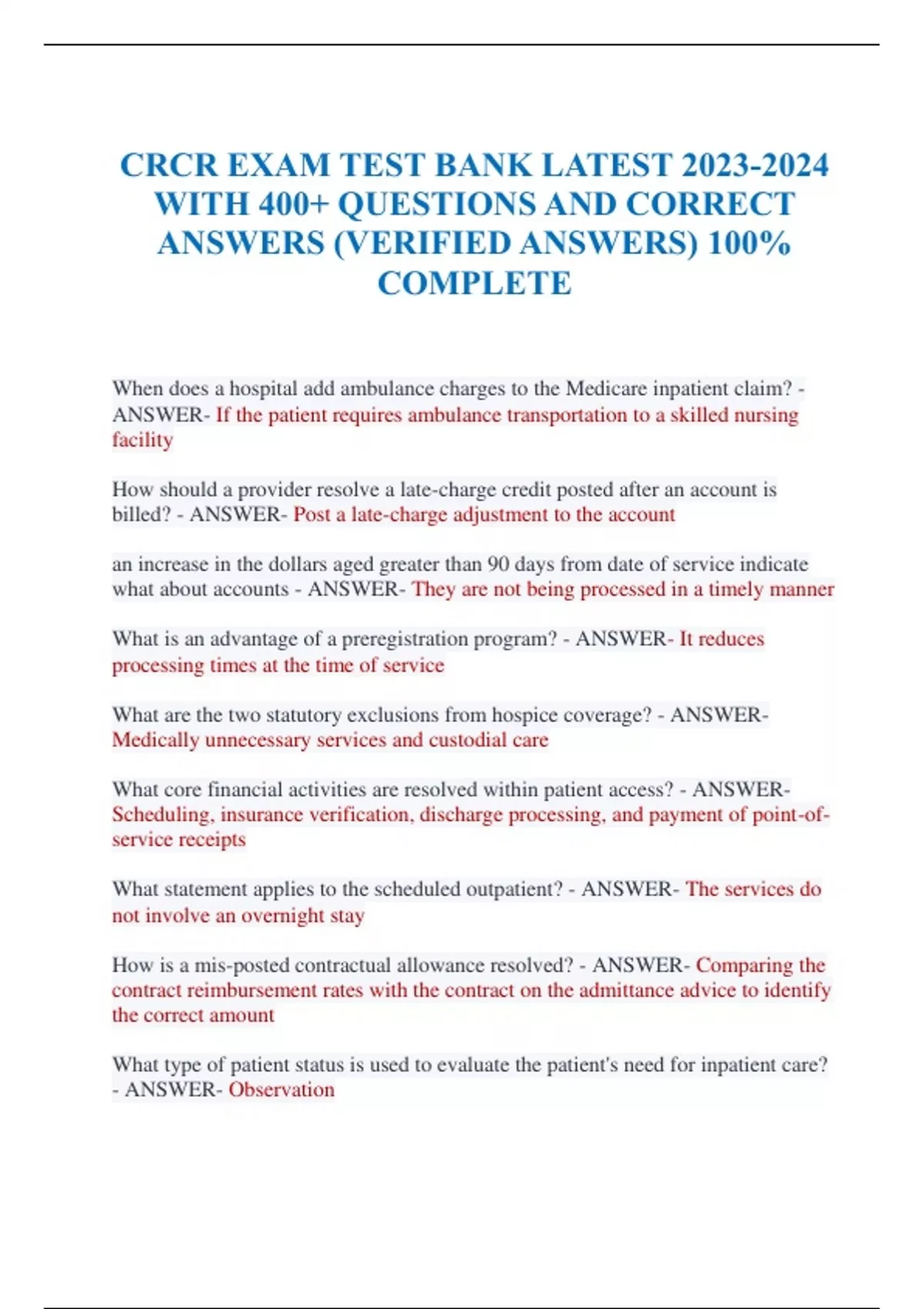 CRCR EXAM TEST BANK LATEST WITH 400+ QUESTIONS AND CORRECT ANSWERS ...