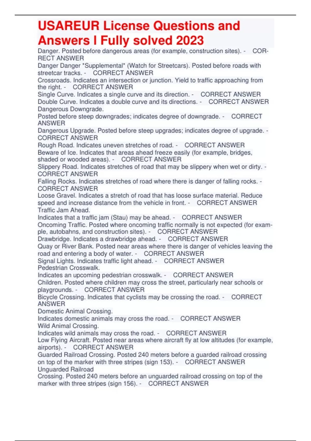 USAREUR License Questions and Answers l Fully solved 2023 - USAREUR - Stuvia US