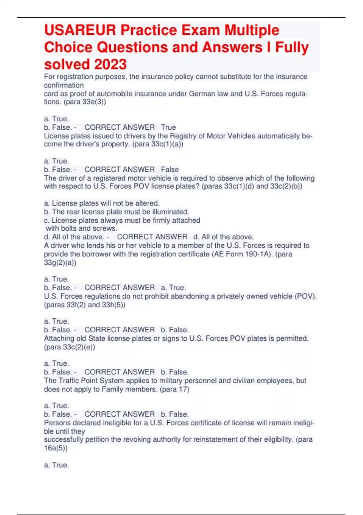 USAREUR Practice Exam Multiple Choice Questions and Answers l Fully ...