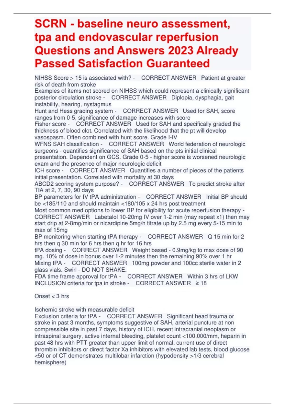 SCRN - baseline neuro assessment, tpa and endovascular reperfusion ...