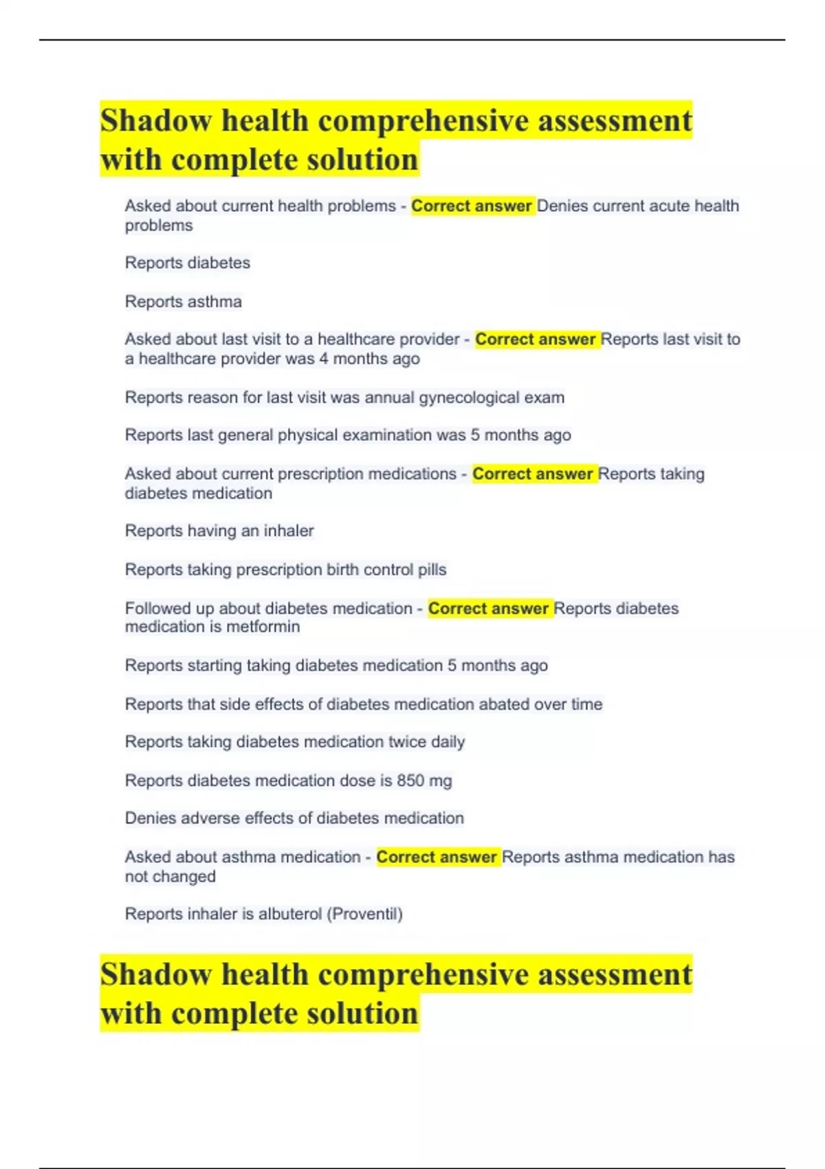 Shadow health comprehensive assessment with complete solution - Shadow ...