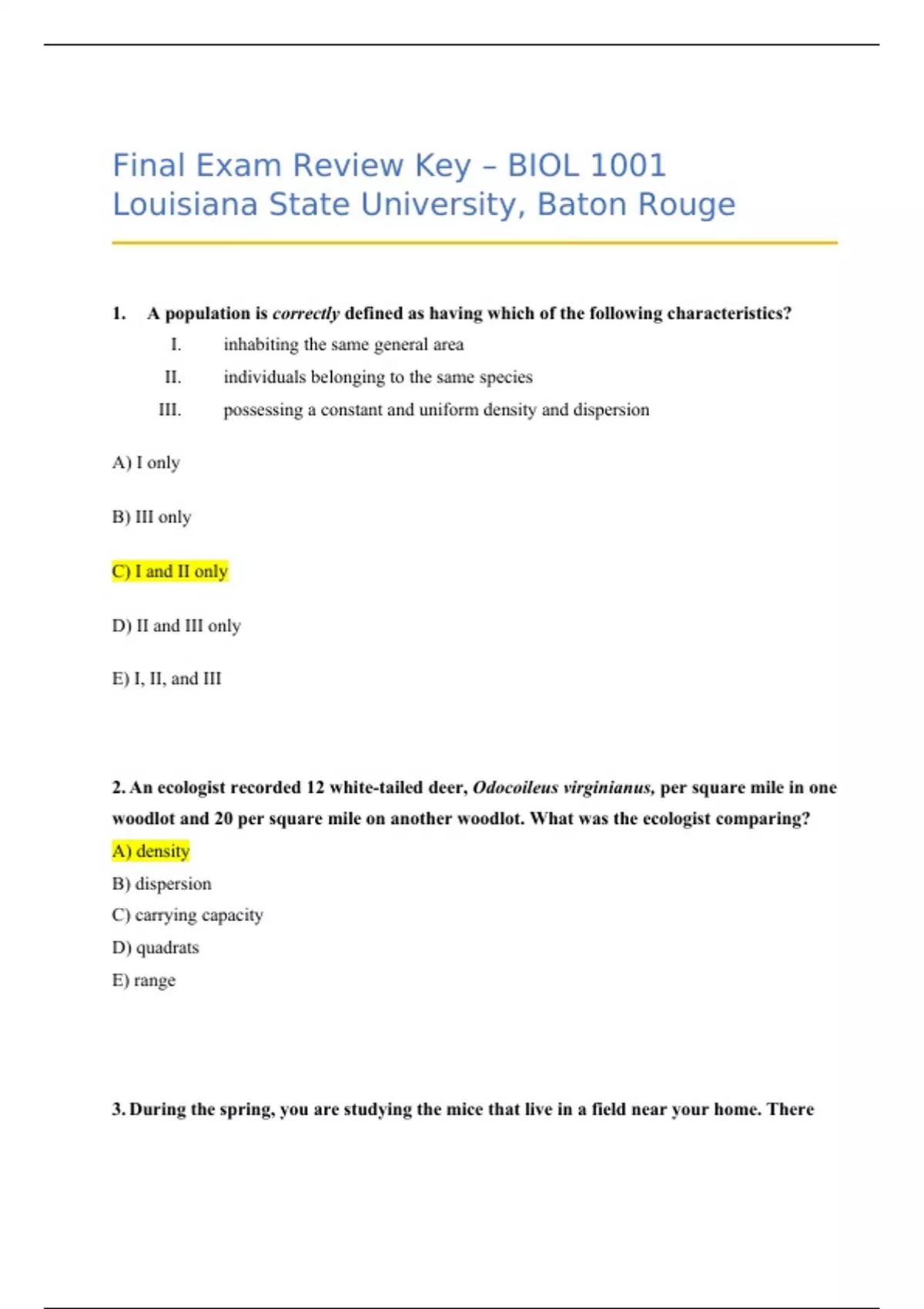BIOL 1001 (Paul) Final Exam Review Key - Louisiana State University ...