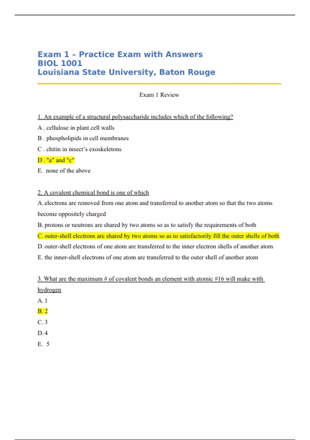BIOL 1001 (Paul) Exam 1 Practice Exam with Answers (80 Questions ...
