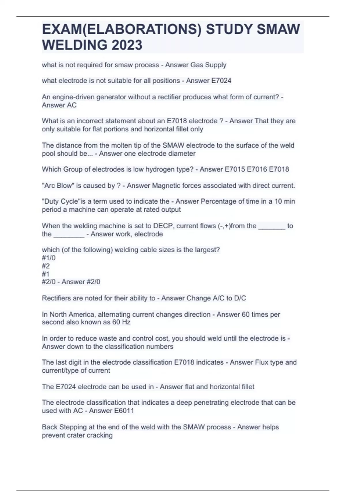 EXAM(ELABORATIONS) STUDY SMAW WELDING 2023 - SMAW - Stuvia US