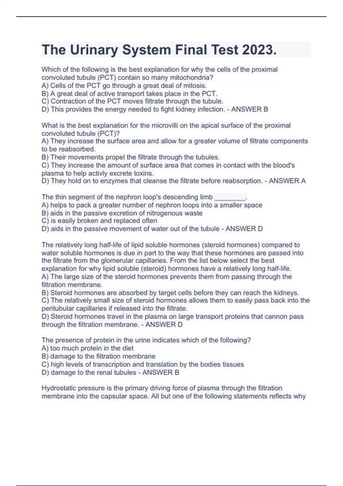 The Urinary System Final Test 2023. - Urinary - Stuvia US