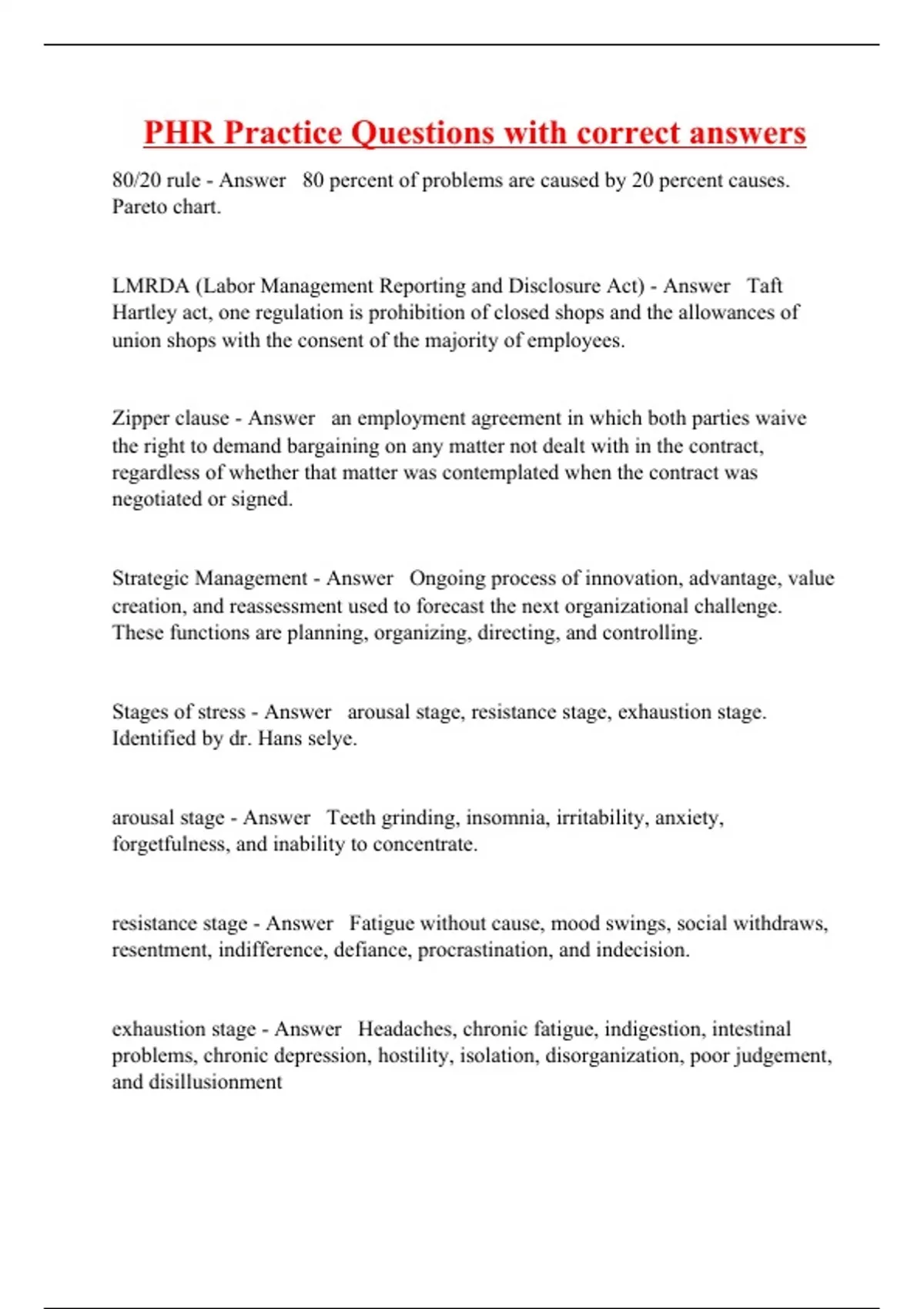 Phr Practice Questions With Correct Answers Phr Professional In Human Resources Stuvia Us