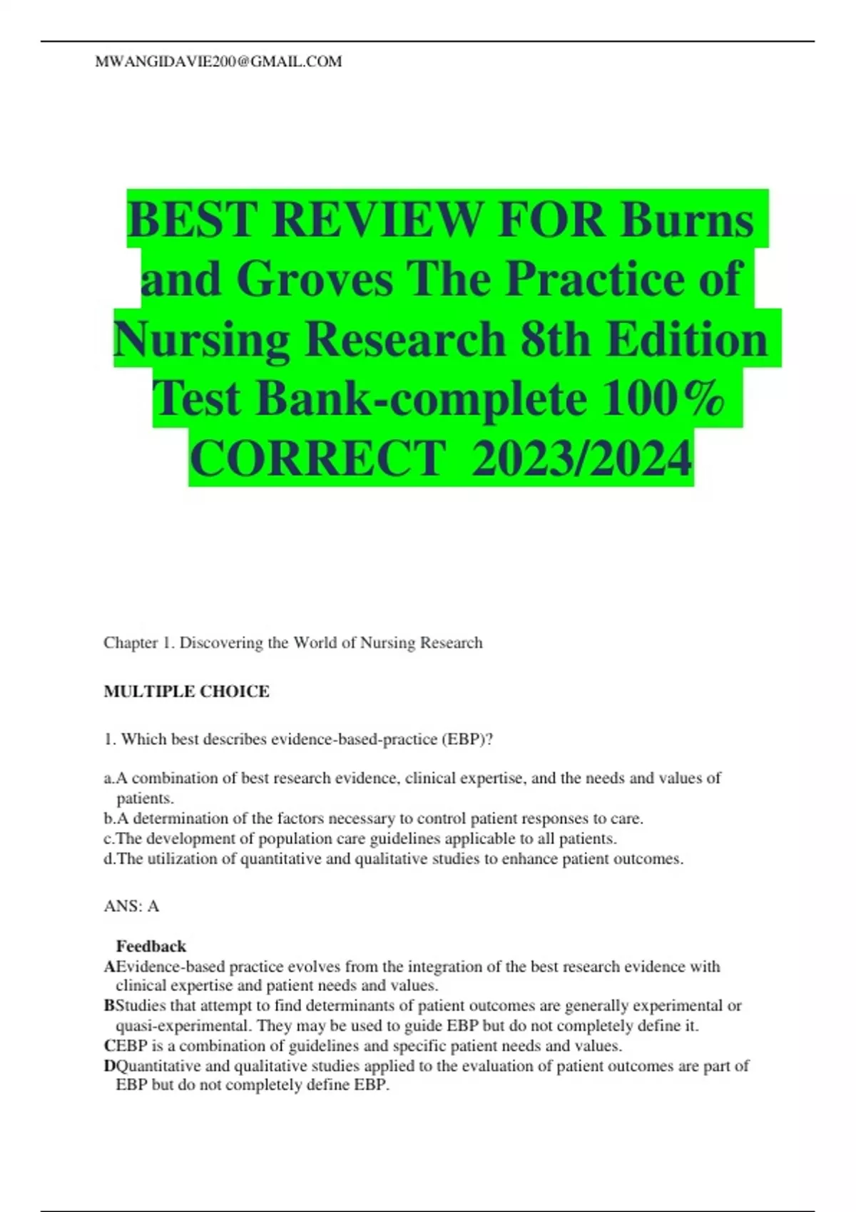 Test Bank for Burns and Groves The Practice of Nursing Research 8TH AND ...