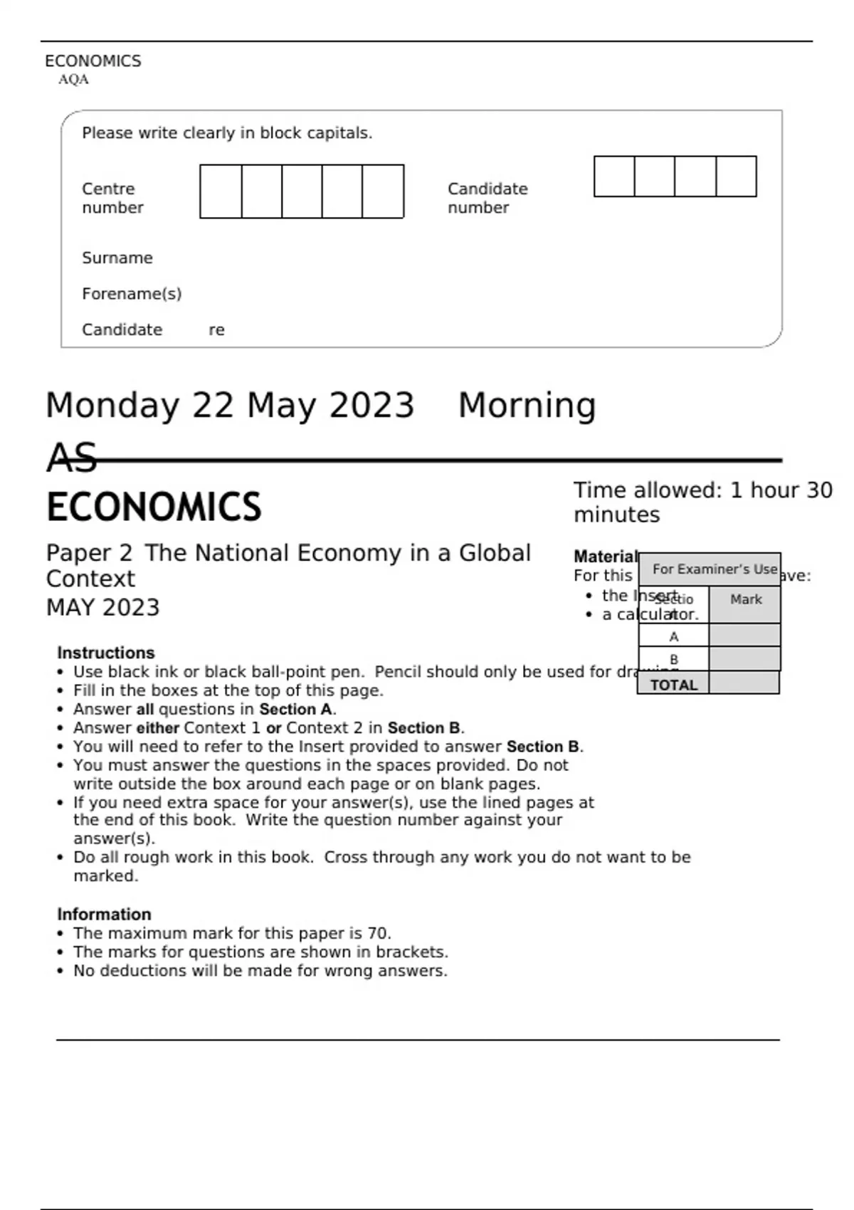 AQA AS ECONOMICS Paper 2 MAY 2023 FINAL QUESTION PAPER The National ...