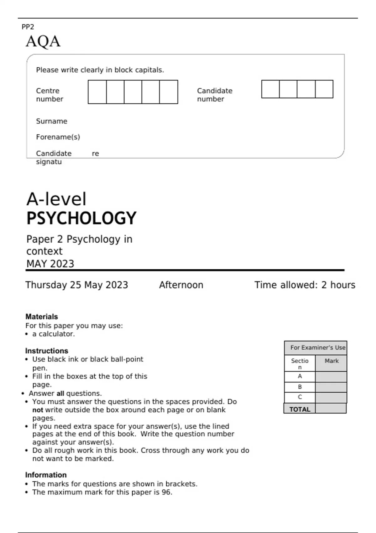 AQA A-level PSYCHOLOGY Paper 2 MAY 2023 FINAL QUESTION PAPER Psychology ...