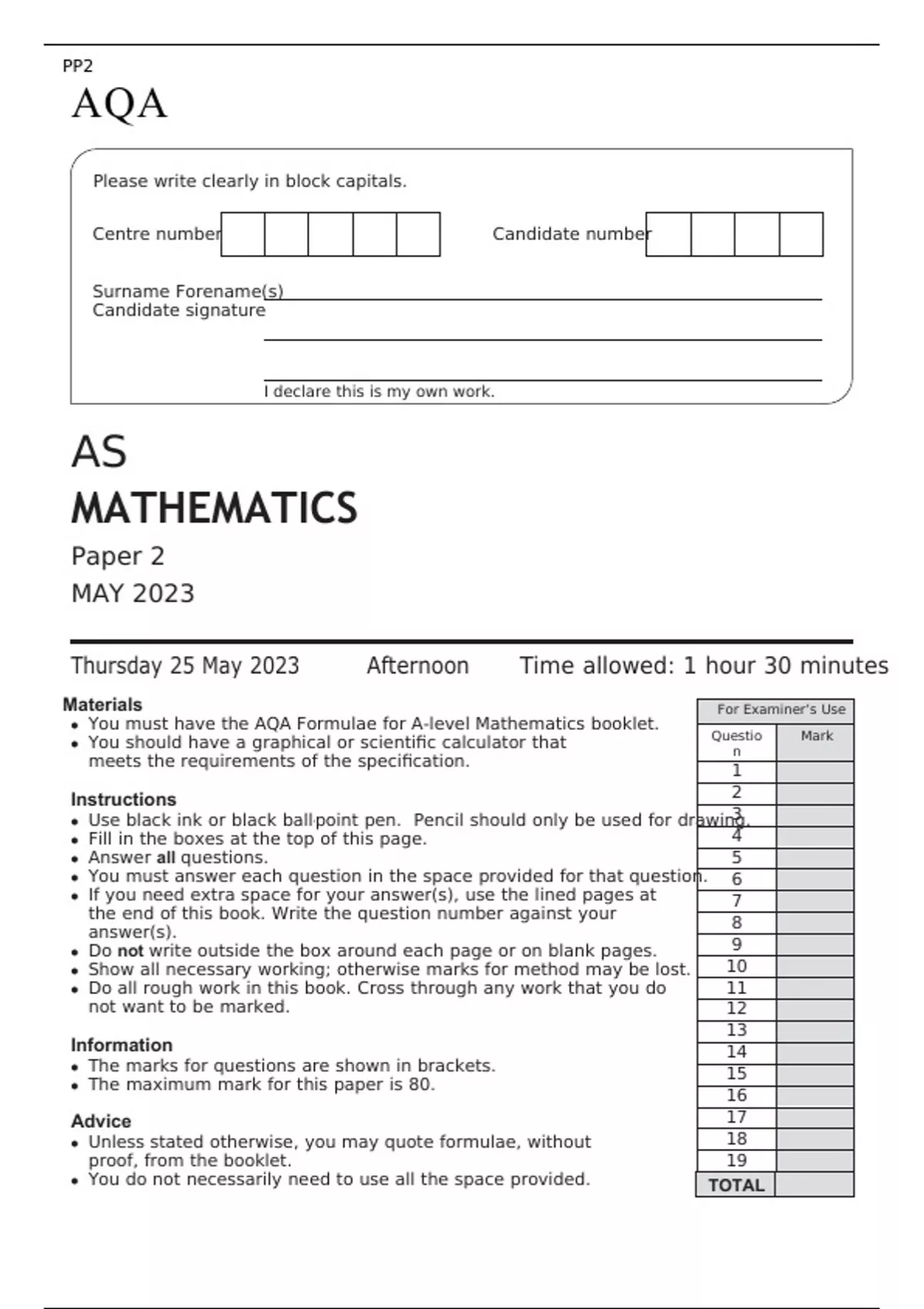 AQA AS LEVEL MATHEMATICS Paper 2 MAY 2023 FINAL QUESTION PAPER - AS ...