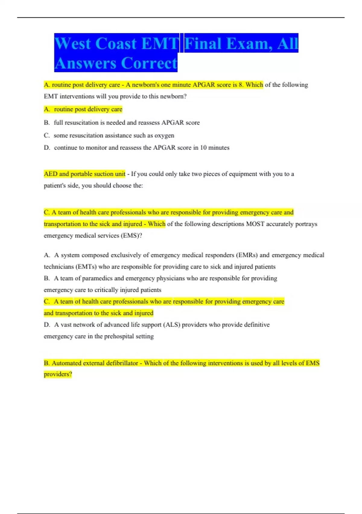 West Coast EMT Final Exam (Latest Updated Version 2023 – 2024) All ...