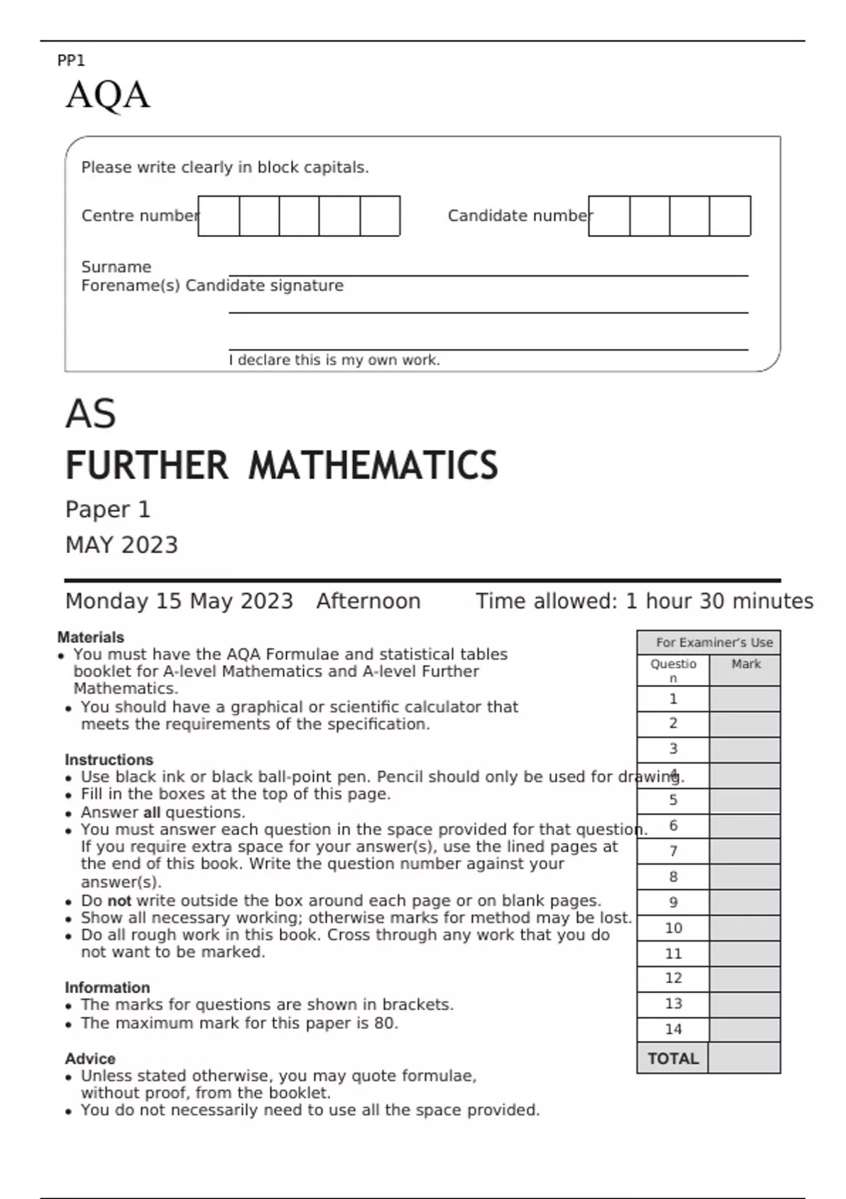 AQA AS LEVEL FURTHER MATHEMATICS Paper 1 MAY 2023 FINAL QUESTION PAPER ...