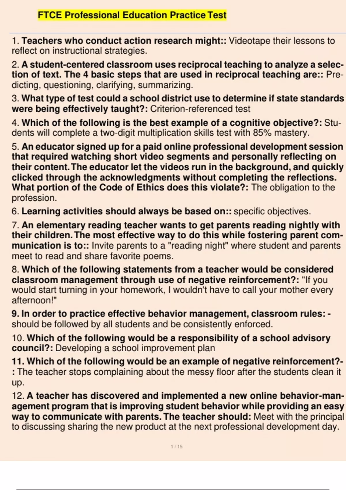 FTCE Professional Education Practice Test Teachers who conduct action ...