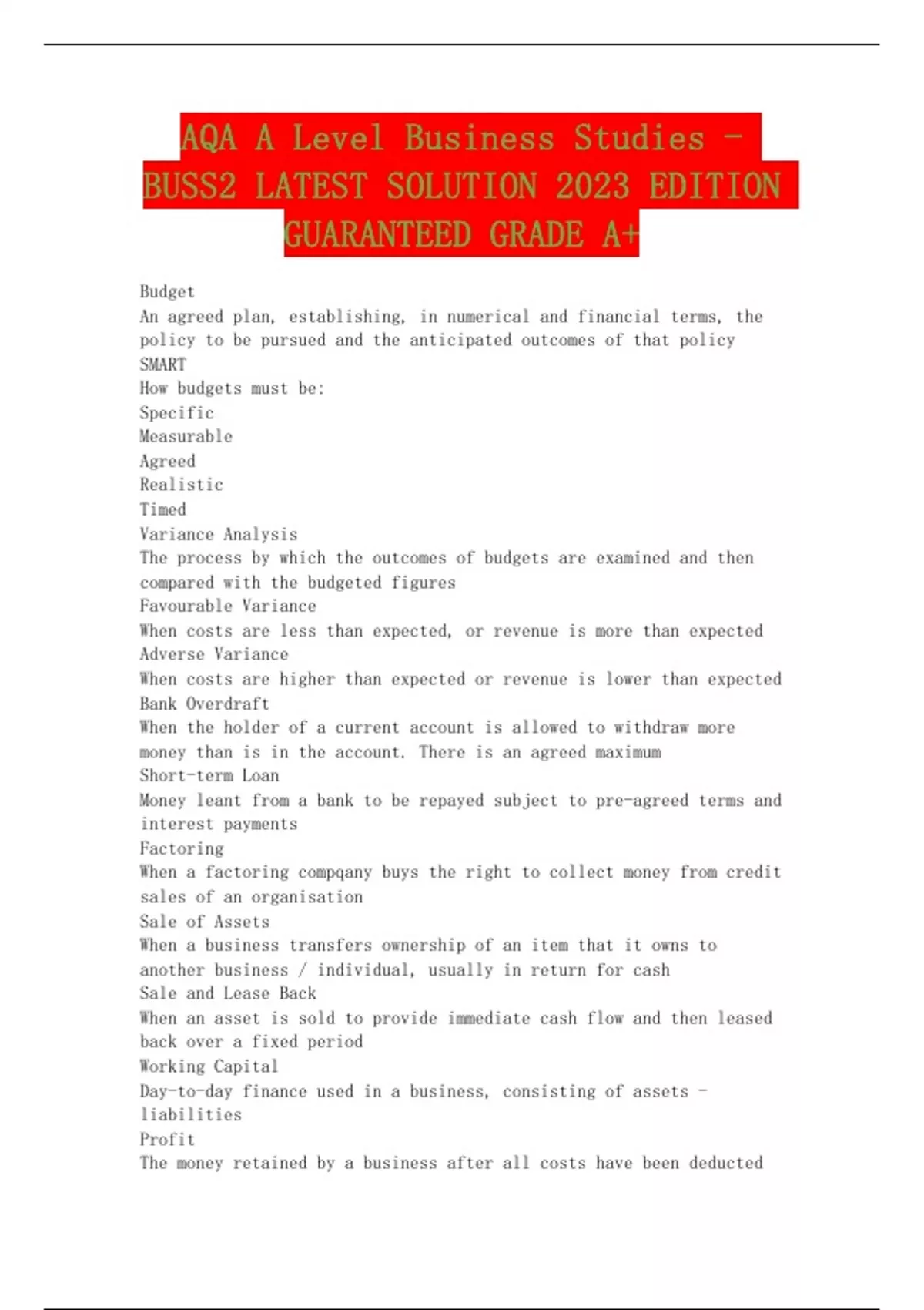 AQA A Level Business Studies - BUSS2 LATEST SOLUTION 2023 EDITION ...