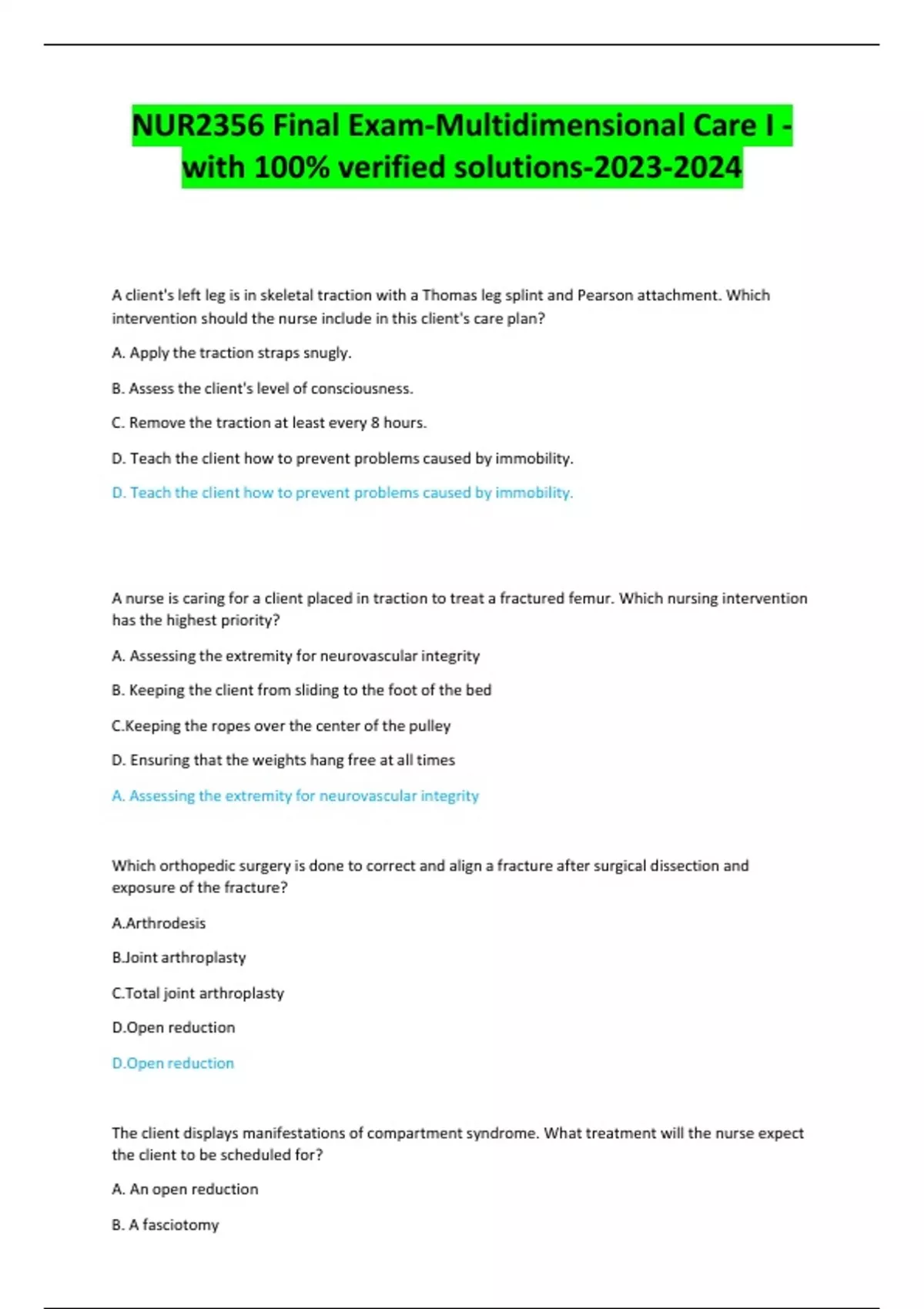 NUR2356 Final Exam-Multidimensional Care I -with 100% verified ...