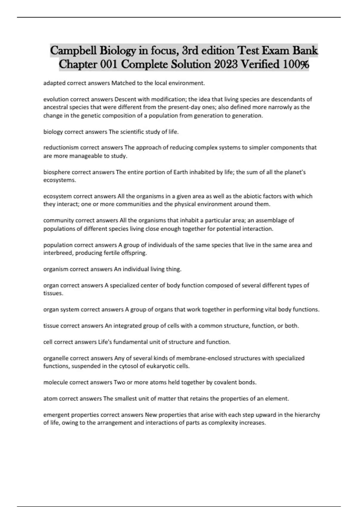 Campbell Biology in focus, 3rd edition Test Exam Bank Chapter 001 ...