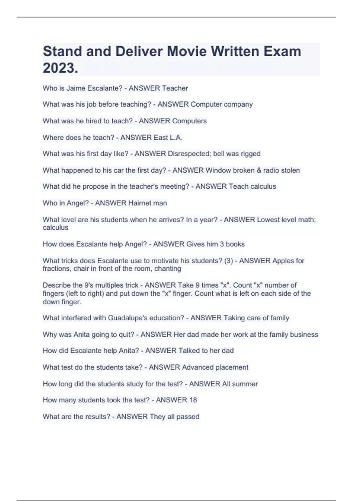 Stand and Deliver Movie Written Exam 2023. - LSP - Stuvia US