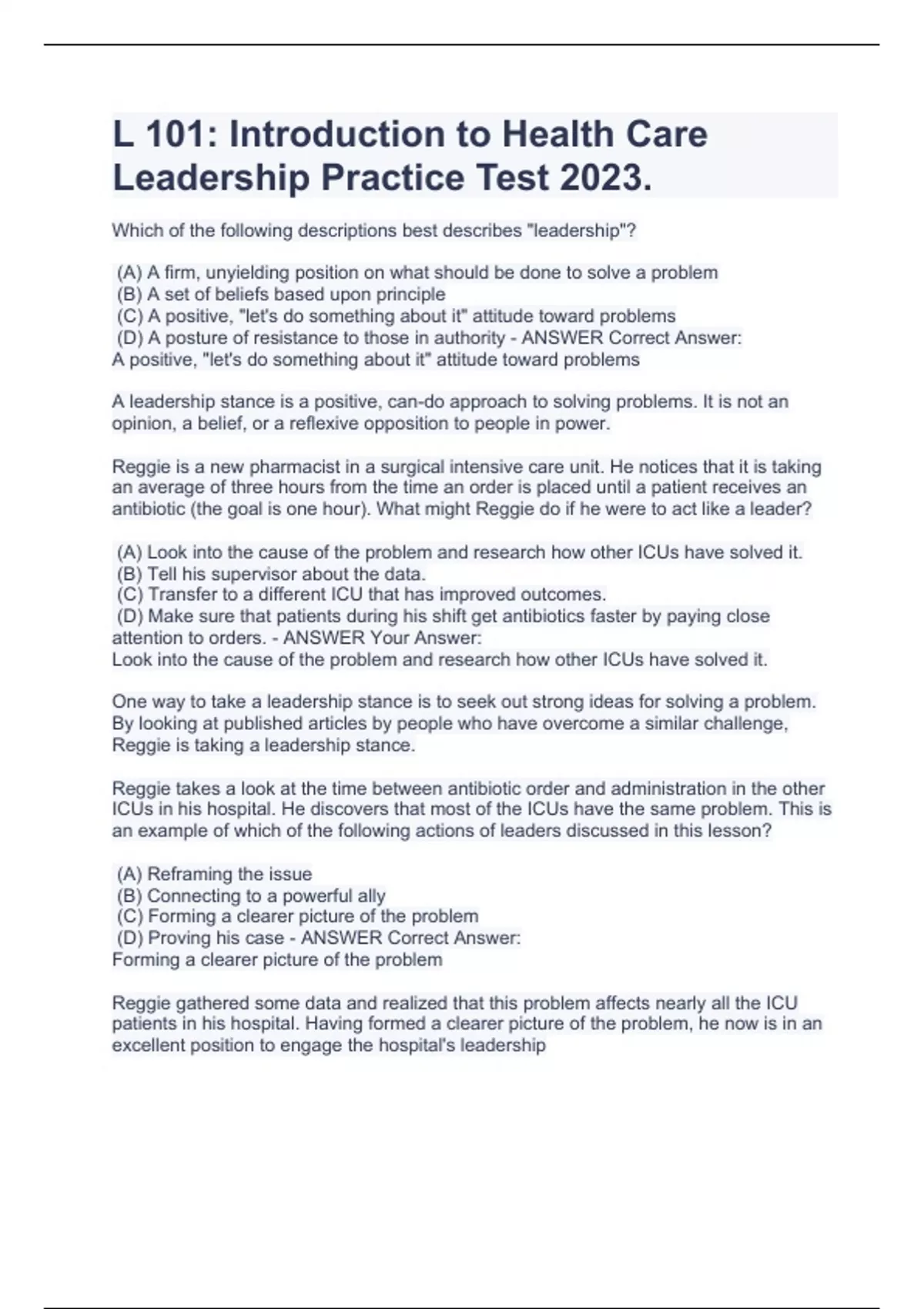 L 101: Introduction to Health Care Leadership Practice Test 2023. - LSP ...