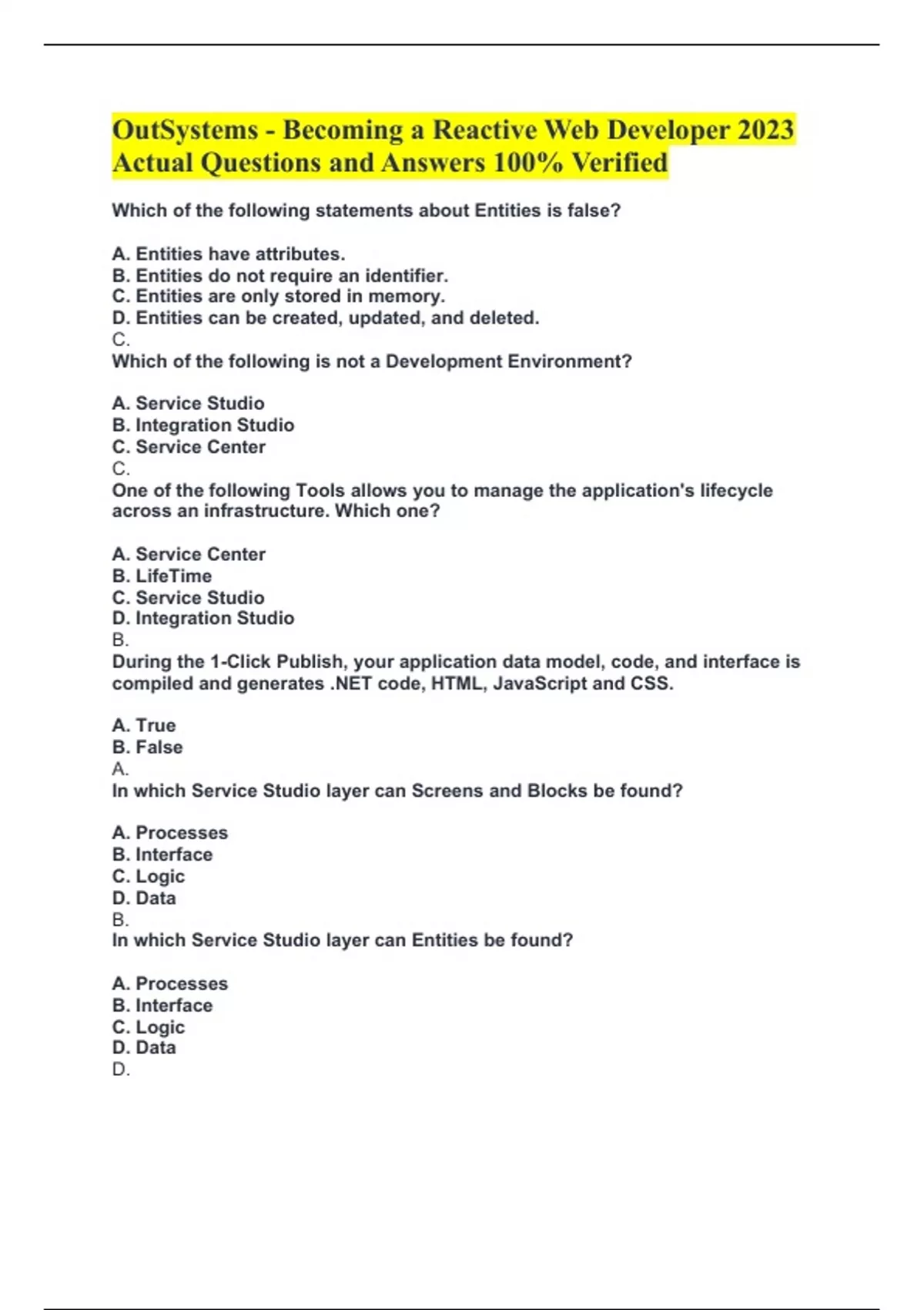 OutSystems - Becoming a Reactive Web Developer 2023 Actual Questions and Answers 100% Verified ...