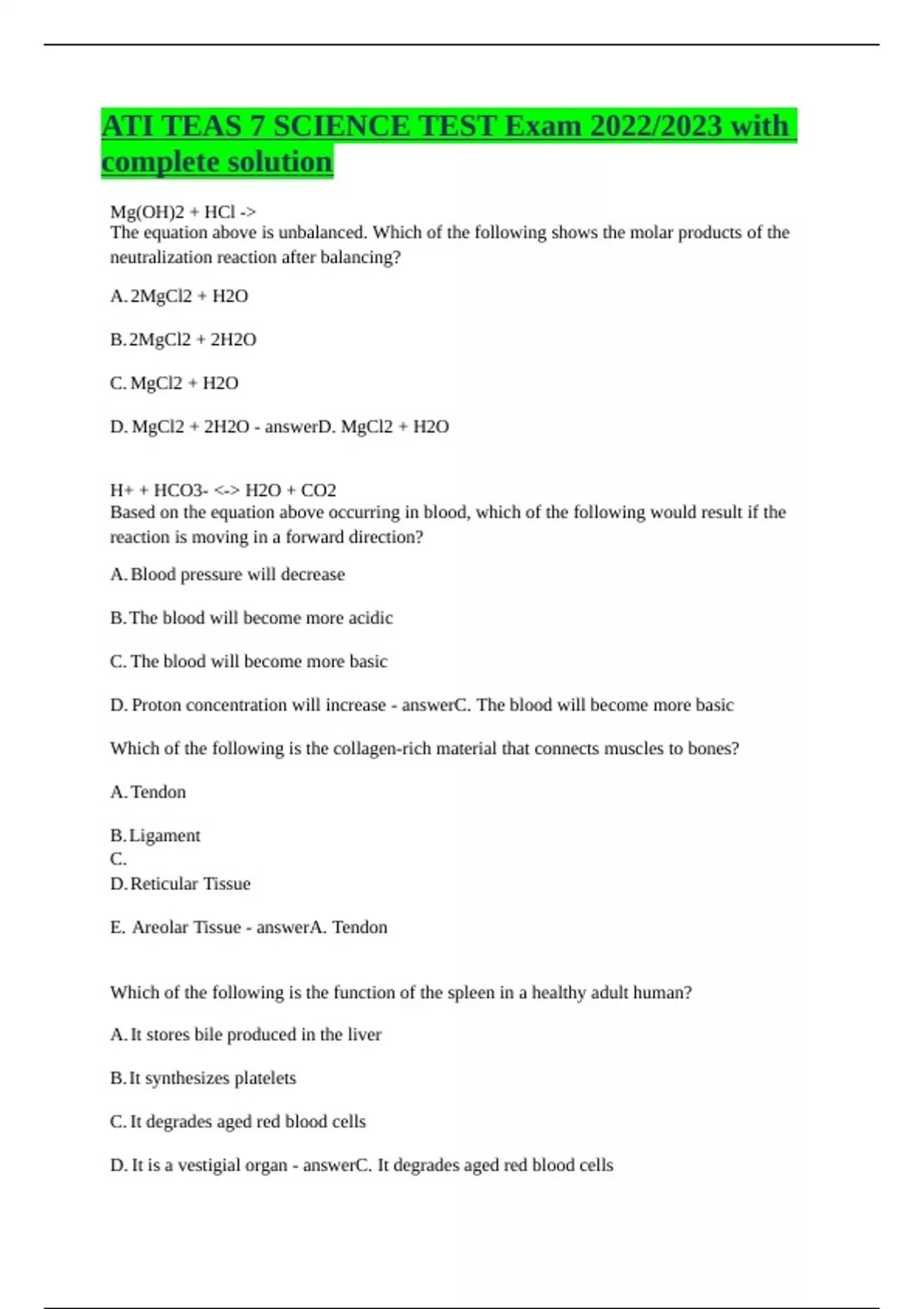 ATI TEAS 7 SCIENCE TEST Exam with Solutions - Nursing - Stuvia US