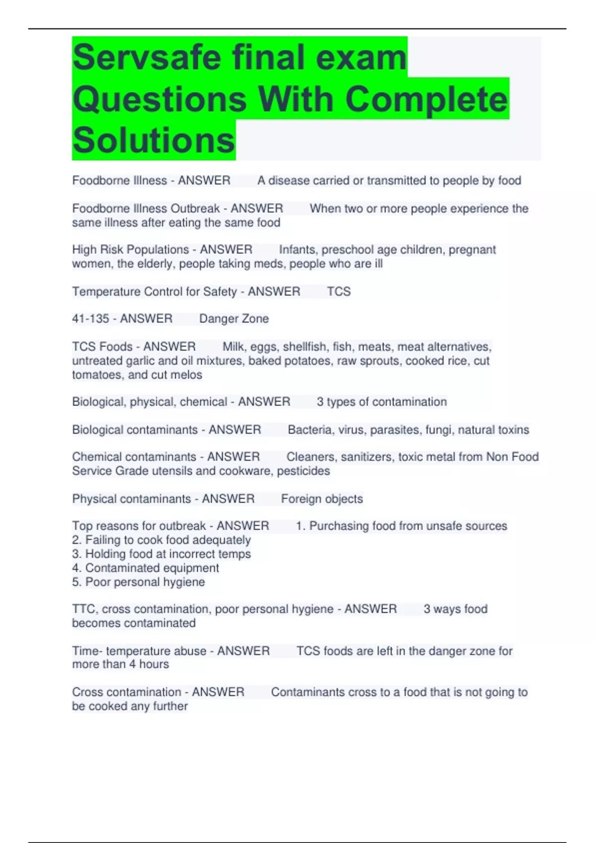 Servsafe final exam Questions With Complete Solutions - Servsafe - Stuvia US