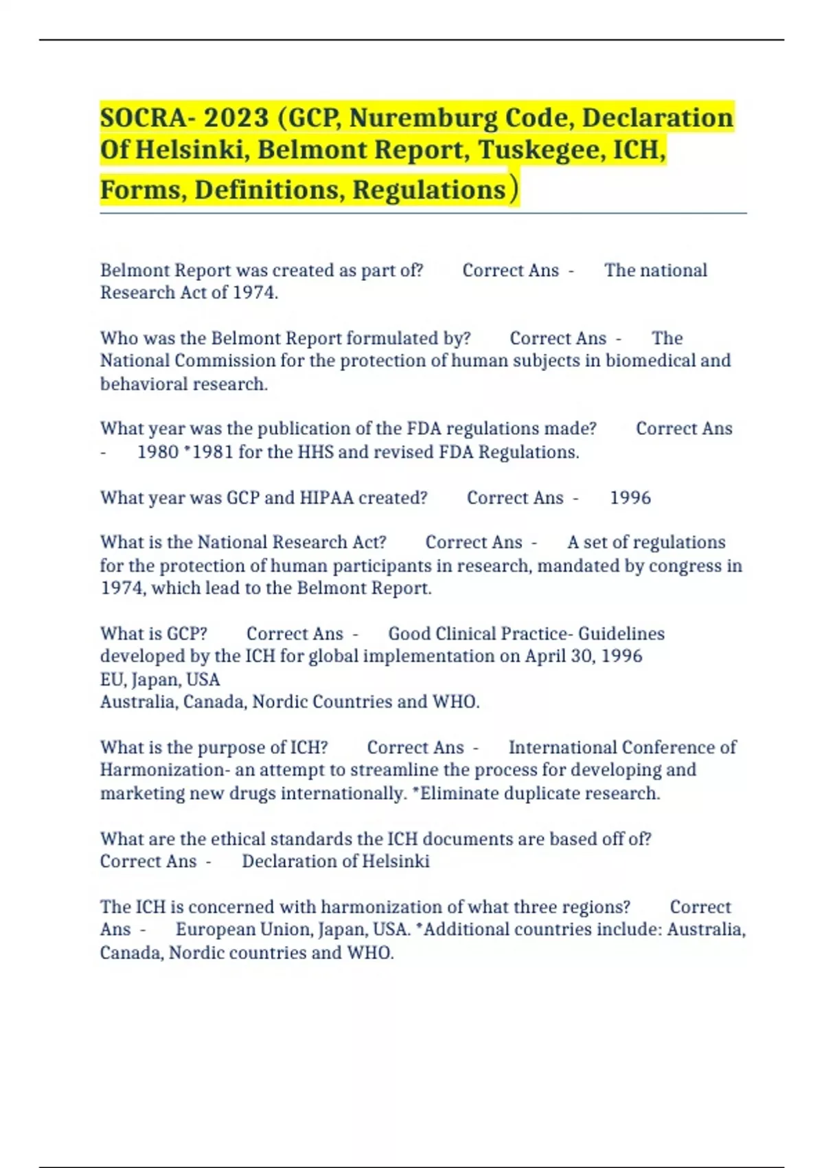 SOCRA- 2023 (GCP, Nuremburg Code, Declaration Of Helsinki, Belmont ...