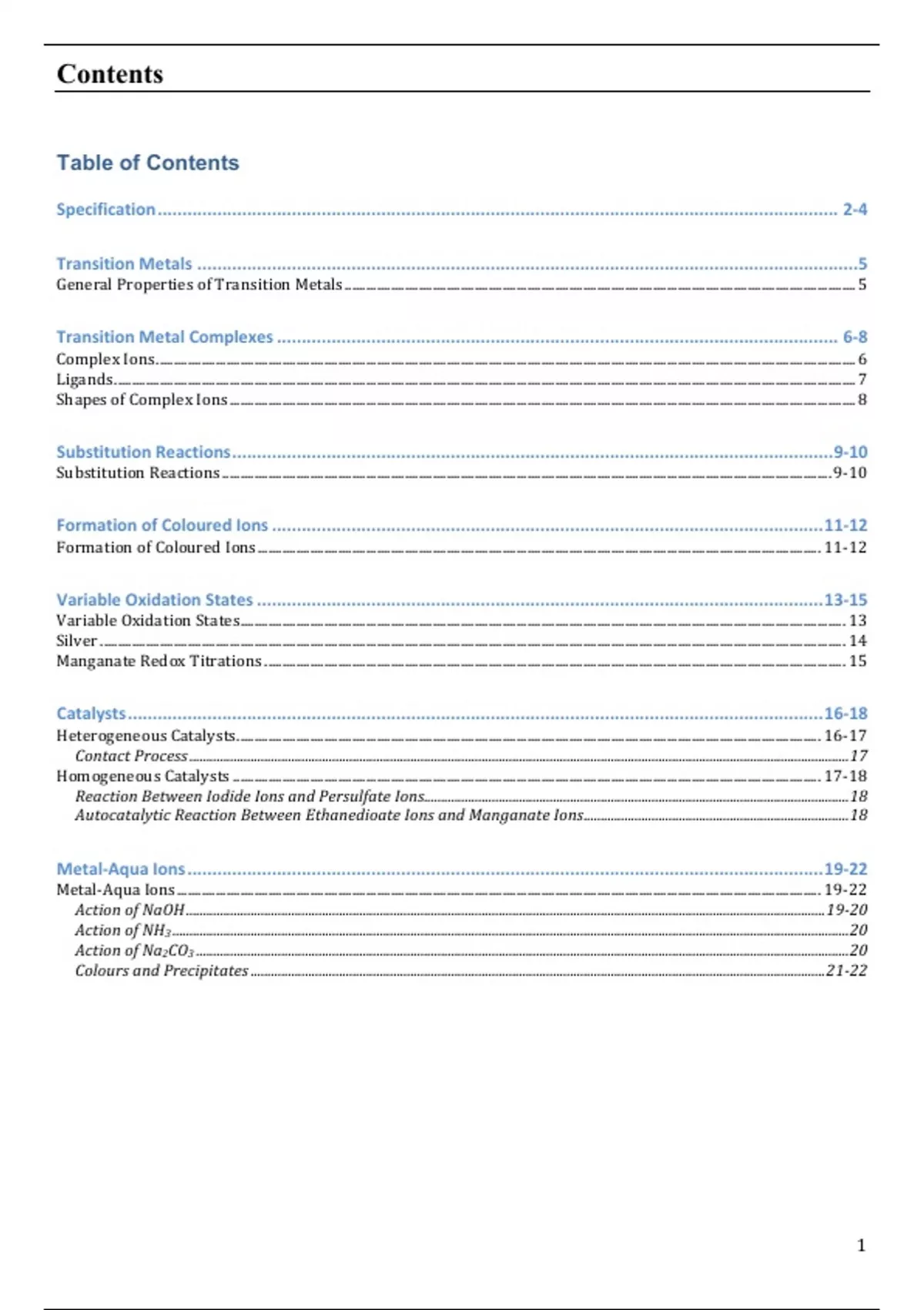 Summary AQA A Level Chemistry - Unit 3.2.5-6 - Transition Metals and ...