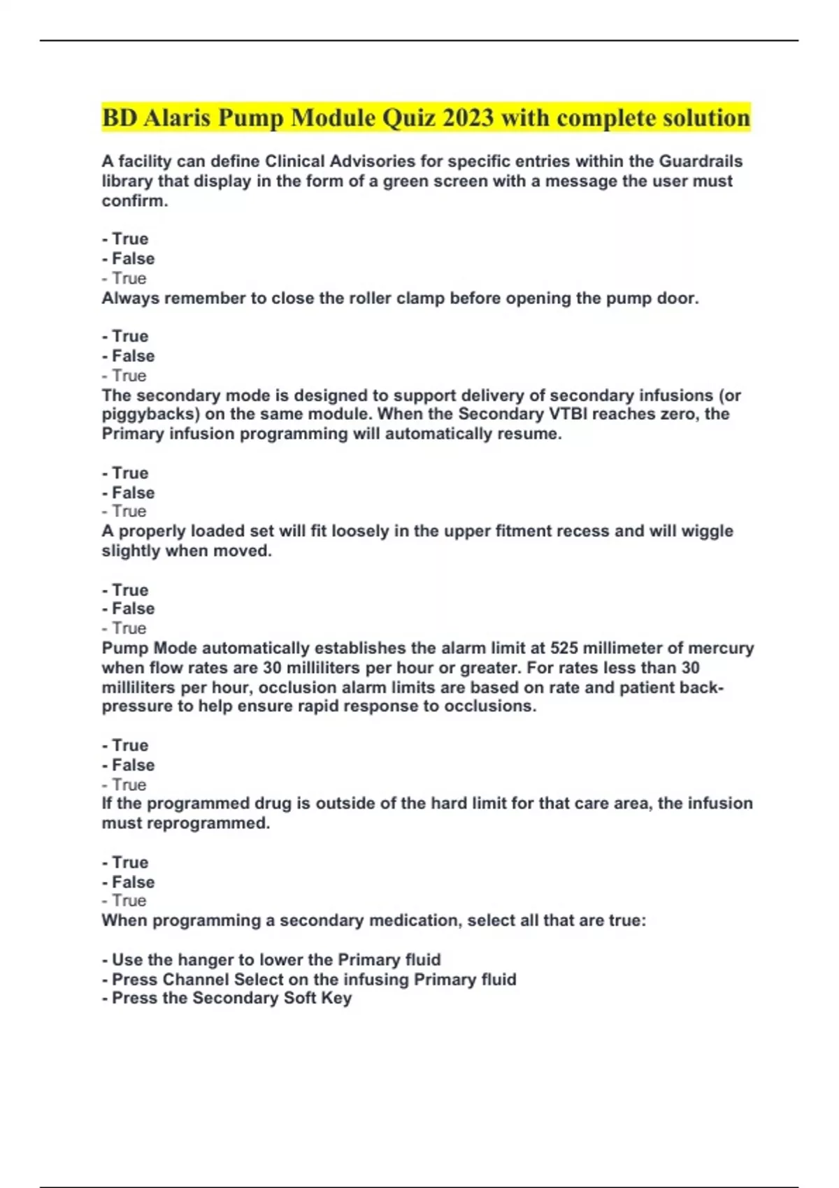 BD Alaris Pump Module Quiz 2023 with complete solution - BD Alaris Pump ...