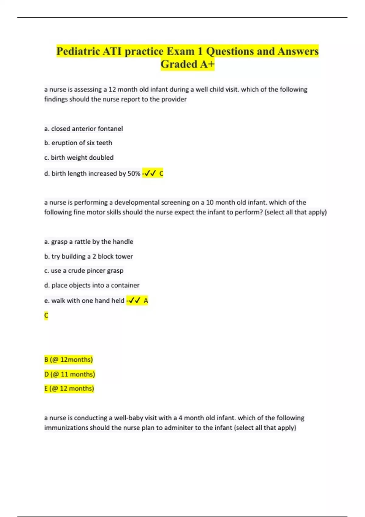 Pediatric ATI practice Exam 1 Questions and Answers Graded A+ ...