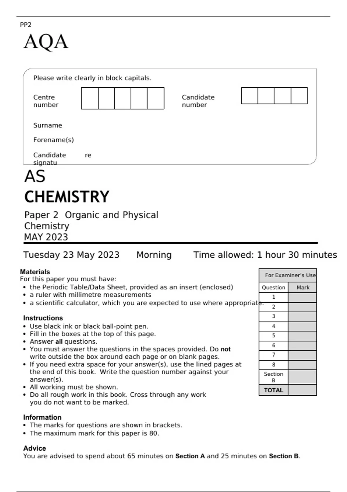 AQA AS LEVEL CHEMISTRY Paper 2 MAY 2023 FINAL QUESTION PAPER Organic ...