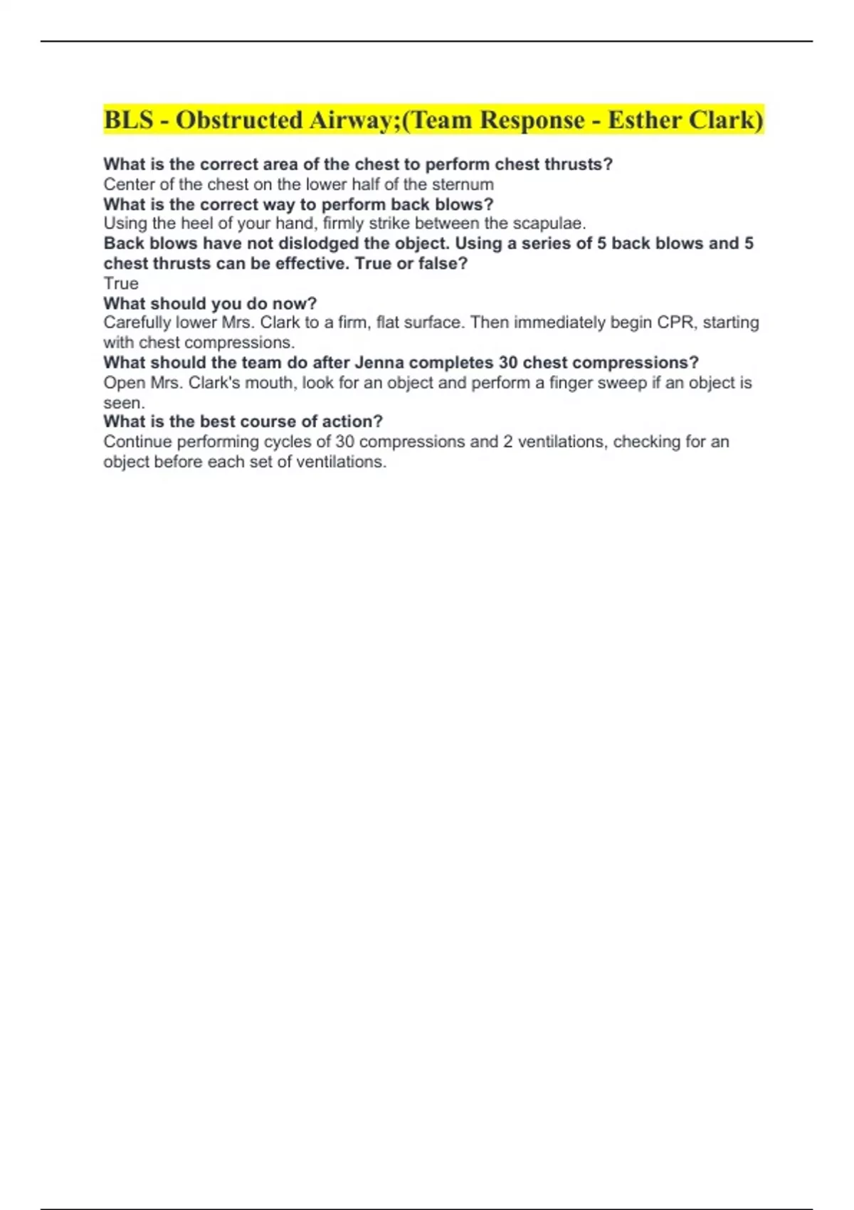 BLS - Obstructed Airway;(Team Response - Esther Clark) - BLS ...