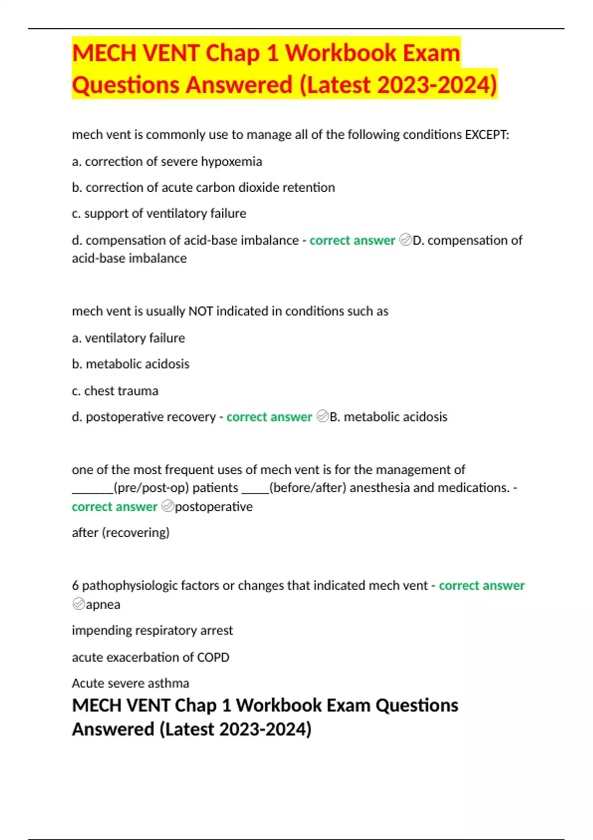 MECH VENT Chap 1 Workbook Exam Questions Answered (Latest ) - MECH VENT ...