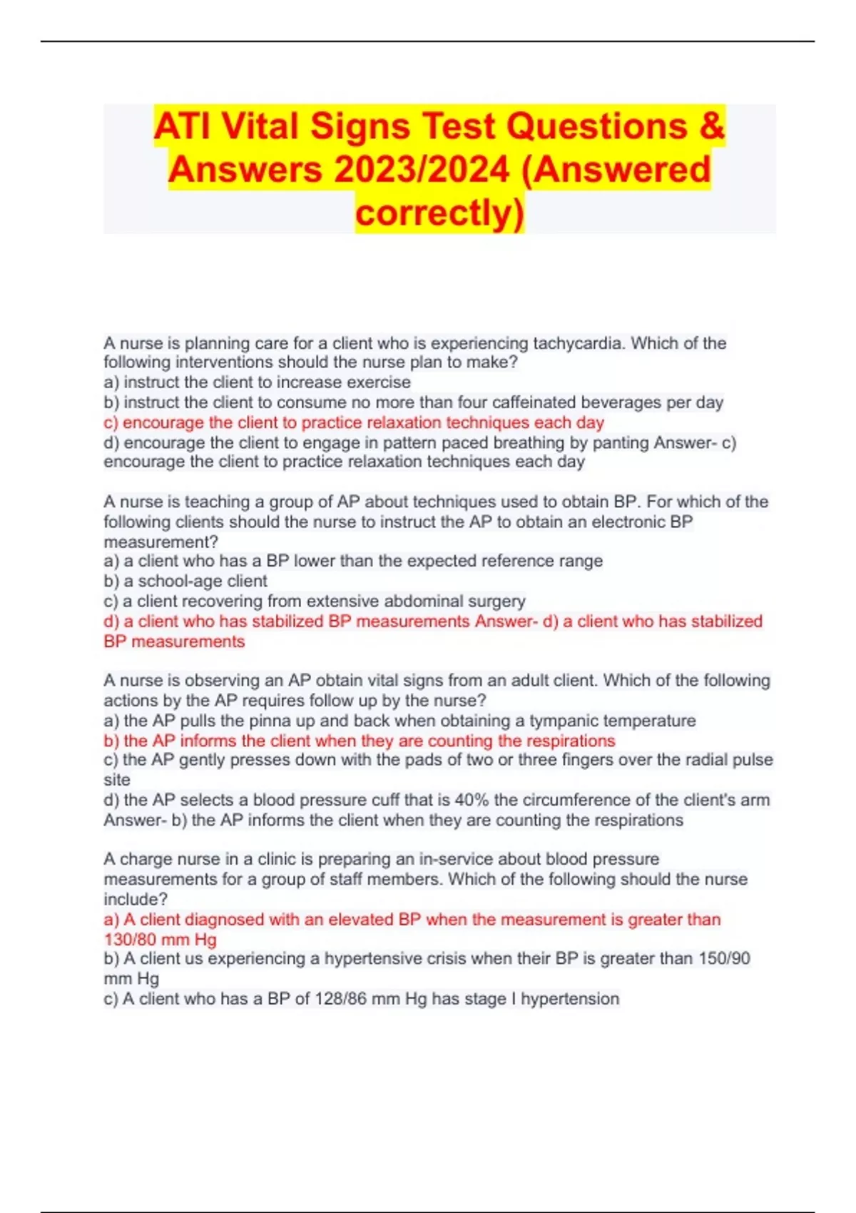ATI Vital Signs Test Questions & Answers 2023/2024 (Answered correctly ...