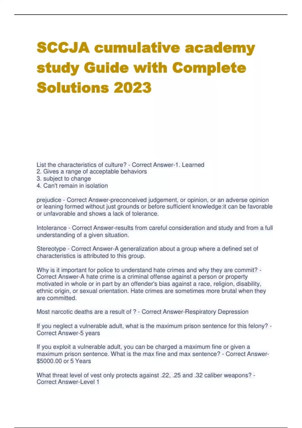 SCCJA cumulative academy study Guide with Complete Solutions 2023 - SCCJA - Stuvia US